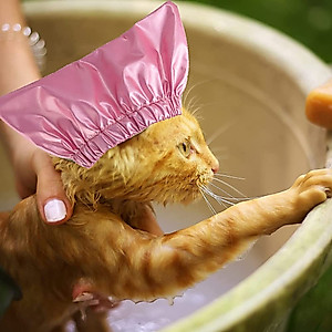 Pet Shower Cap - Waterproof Reusable Bath Ear Covers with Adjustable Strap Prevent Water in Ears Elastic Headgear for Cat Dog Kitten Puppy (S (10.2''-13.4''), Pink)