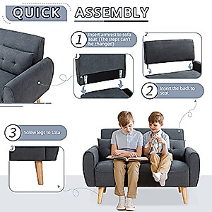 Shintenchi 47" Small Modern Loveseat Couch Sofa, Fabric Upholstered 2-Seat Sofa, Love Seat Furniture with 2 Pillows, Wood Leg for Small Space, Living Room, Bedroom, Apartment, Dark Grey