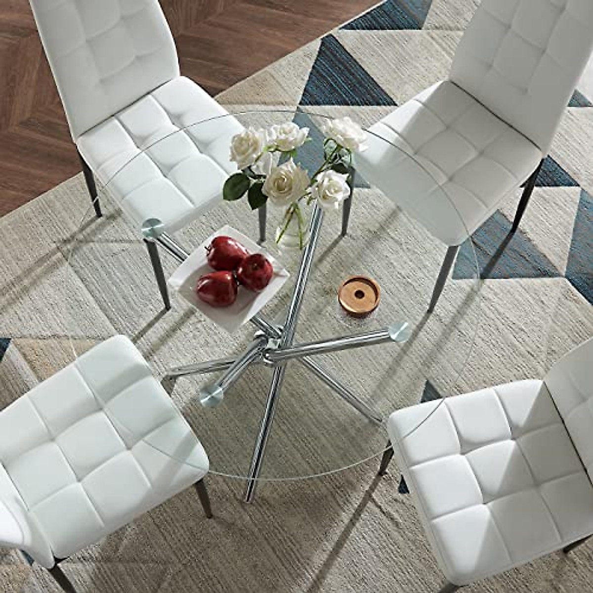 SICOTAS Glass Dining Table Round Kitchen Table with 4 Silver Chrome Legs,Modern Circle Dining Room Tables for 2 or 4,Small Dinner Table for Kitchen,Apartment, Small Spaces,35.4D x 29.5H,Clear