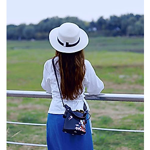 Yinzhenxiu-Small Women's Bucket Bag, PU Leather Drawstring Top Handle, Black/Colorful Embroidery Novelty Handbag Crossbody Bag