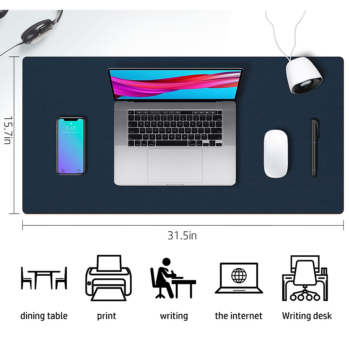 Desk Mat Large protector Pad - Multifunctional Dual-sided Office Desk Pad,Smooth Surface Soft Mouse Pad,Waterproof Desk Mat for Desktop, Pu Leather Desk Cover for Office/Home(Dark Blue, 31.5" x 15.7")