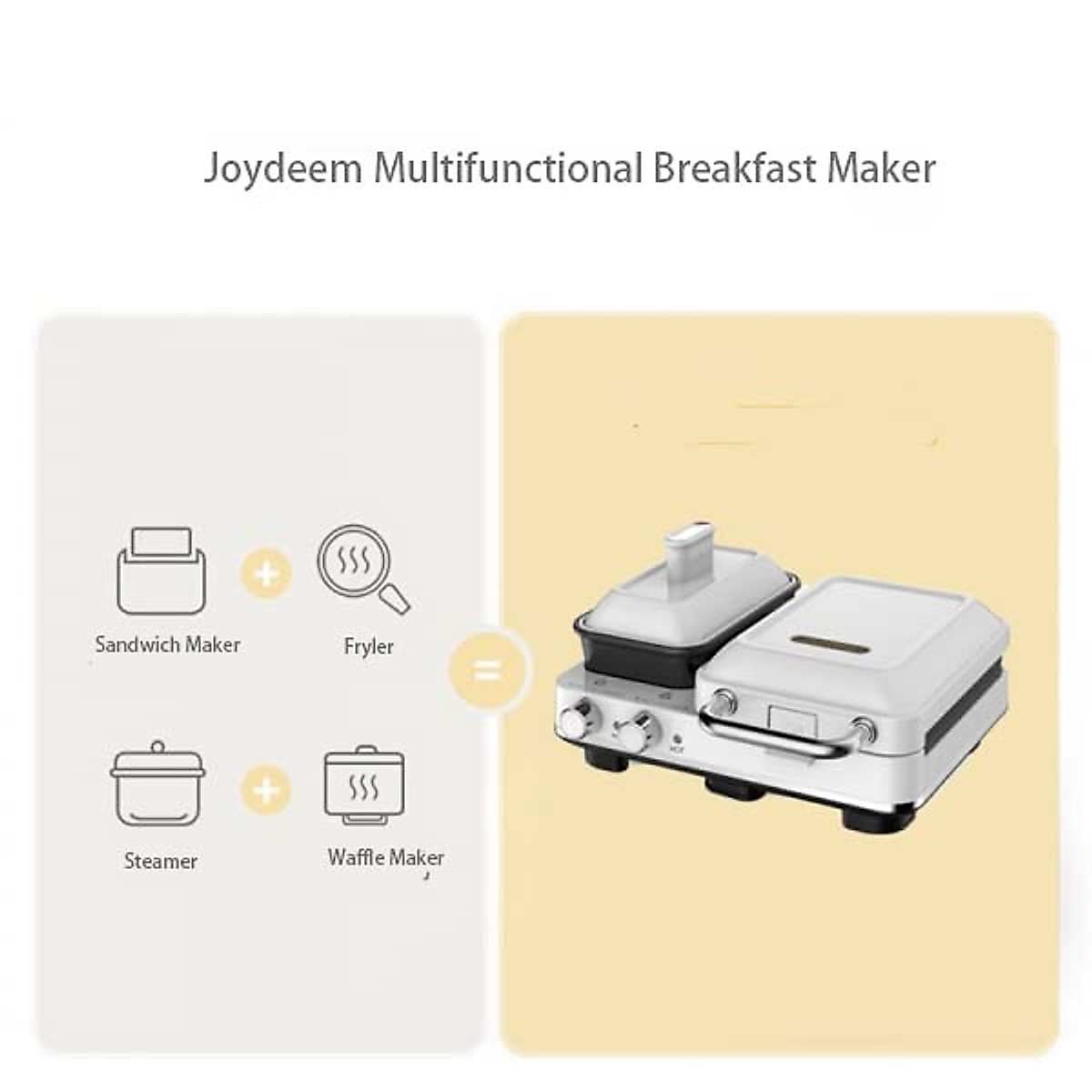 Joydeem 4-in-1 Breakfast Station, Multifunctional Breakfast Maker, Sandwich Maker with Egg Boiler, Panini Press Grill , Waffle Maker & Steamer, 2 Individual Portions, Nonstick,1000W, White