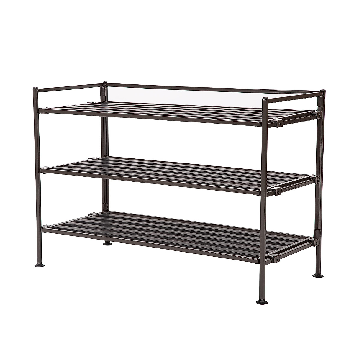 Seville Classics Sturdy Freestanding Storage Shelf for Bedroom, Closet, Entryway, Dorm Room Organizer Stackable Durable Metal Shoe Rack Espresso Slat, 3-Tier (NEW MODEL)