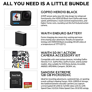GoPro HERO10 Black (Hero 10) - Waterproof Action Camera with Front LCD and Touch Rear Screens with 128GB Extreme Pro Card, Spare Battery, and 50 Piece Accessory Kit - Advanced Bundle