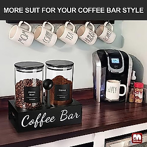 GMISUN Coffee Containers, 2Pcs 50oz Black Glass Coffee Bean Storage Canister with Airtight Lid, Coffee Sugar Container Set with Shelf, Scoop&Label, Coffee Jar for Coffee Bar Ground Coffee Sugar Tea