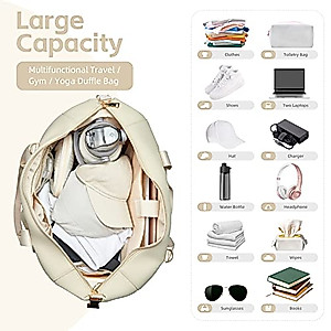 MOIY Gym bag for women with shoe compartment, Water proof weekender bags for women travel, Carry on bags for airplane, Neoprene travel bag, Yoga mat bag, Travel tote with luggage sleeve (Beige)