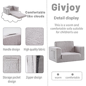 Givjoy Toddler Chair Sherpa Kids Couch, 2-in-1 Toddler Soft Kids Sofa Toddler Lounger Chair for Bedroom, Convertible Toddler Couch for Girls and Boys, Reading Chair for Kids, Grey