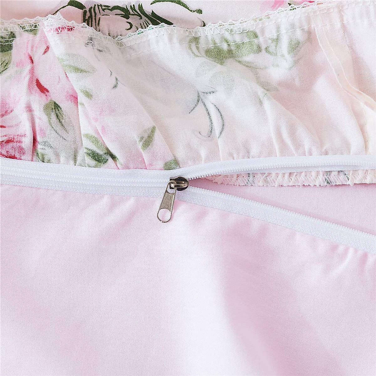 FADFAY Floral Bedskirt Set Lace Bedding Pink Duvet Cover Set Rose Printed 100% Cotton Queen House Bedding Sets for Girls Women (4-Piece, Queen, Pink)