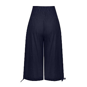 Sales Today Clearance Prime only Womens Scrub Pants Women's High Waisted Capris Solid Slacks Knee Length Casual Loose Wide Leg Capri Palazzo Pants Trousers with Pockets Dark Blue 2XL