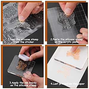 4 Sheets Sentiments Rubber Clear Stamps Set Different Sentiments Rubber Clear Stamp 2 Pieces Acrylic Stamp Blocks Tools with Grid Lines for Holiday Card Making and DIY Scrapbooking Journaling