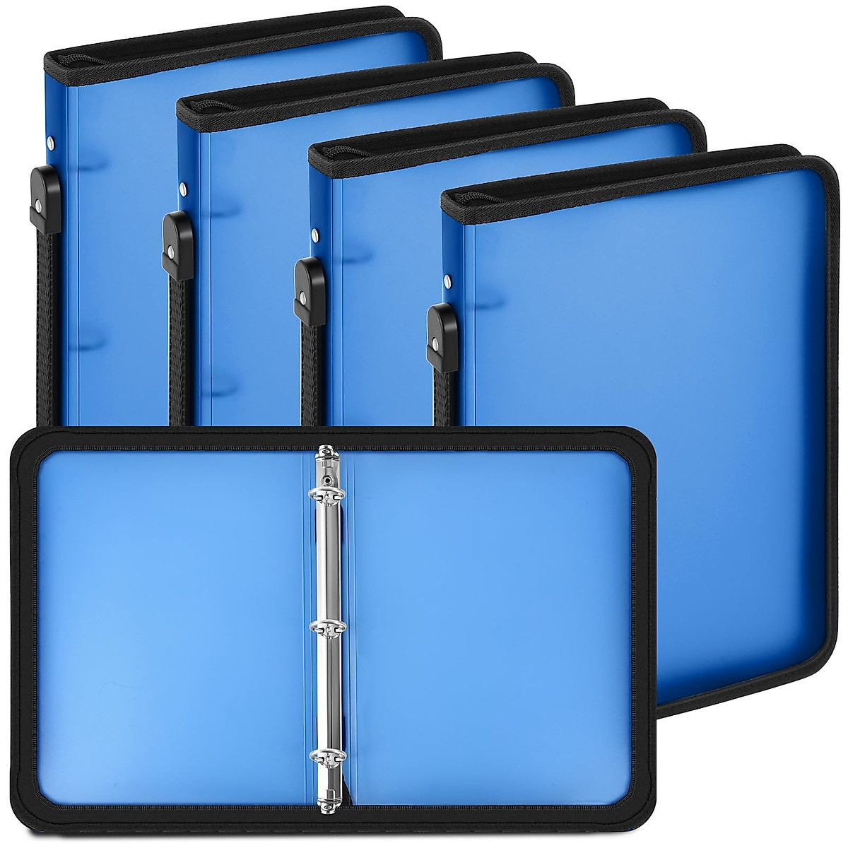Teling 4 Pcs 1 Inch Blue Zipper Binder with 3 Ring Zipper Binder, Refillable Plastic Clear File Organizer Planner for Projects, Assignments, Memos, School Work, 13.2 x 10 Inch