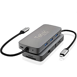USB c Hub Multiport Adapter TeKnic 10in1 Adapter Female USB 3.0 Ports Ethernet Jack 4K HDMI VGA USB 3.0 Ports SD/TF Card Reader PD
