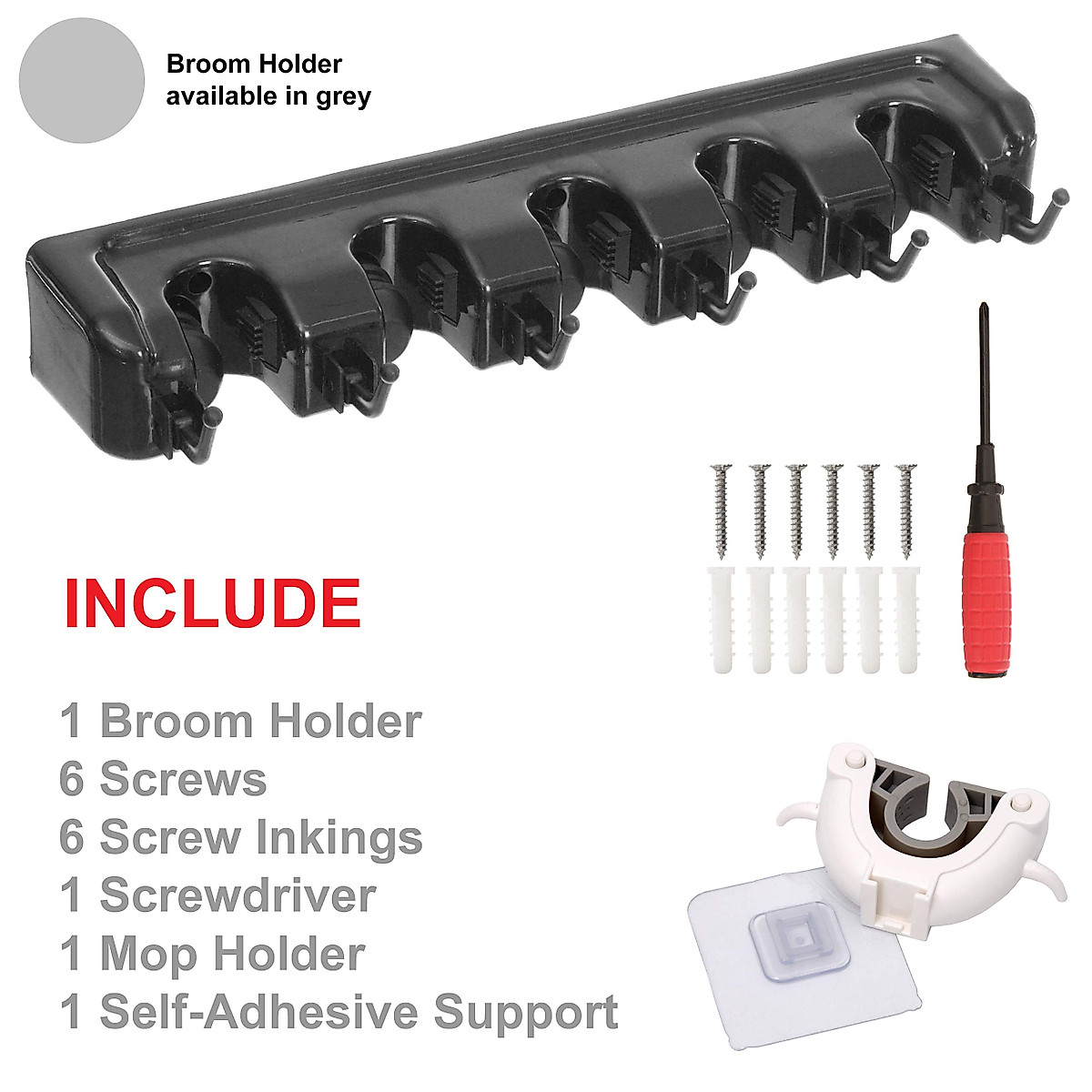 BonyandPo Broom and Mop Holder Wall Mounted - Heavy Duty Broom Holder Organizer with 2 Hooks and Screwdriver - Ideal for Cleaning Supplies Storage In Broom Closet or Over the Door (Black)