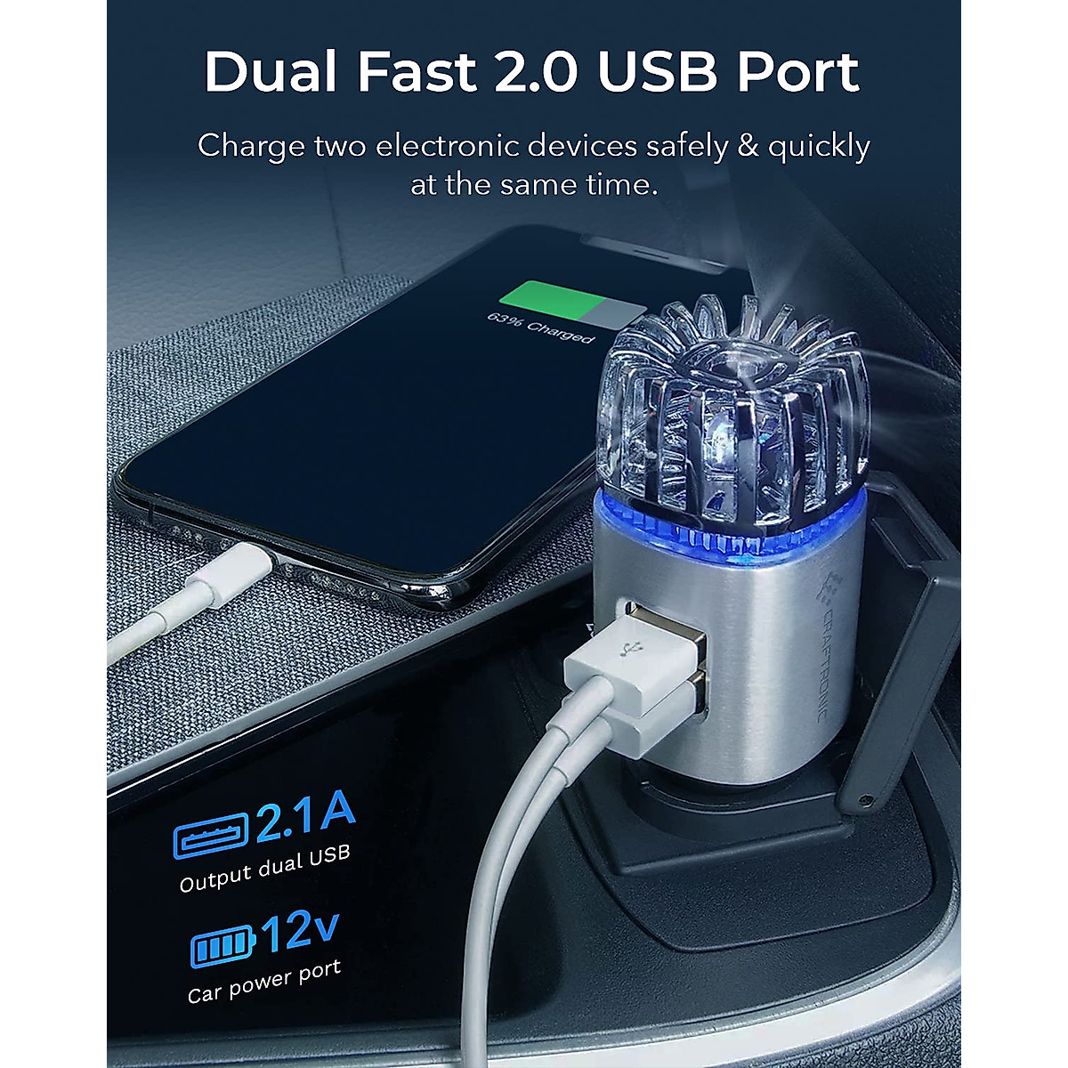 Craftronic 2.0 Ionic HEPA Car Air Purifier - (5.6 million of Negative Ions) Remove Cigarette Smoke & Allergens, Bacteria, Pollutants, Gases (VOCs) + Anti-Microbial Deodorizer Freshener (Silver)