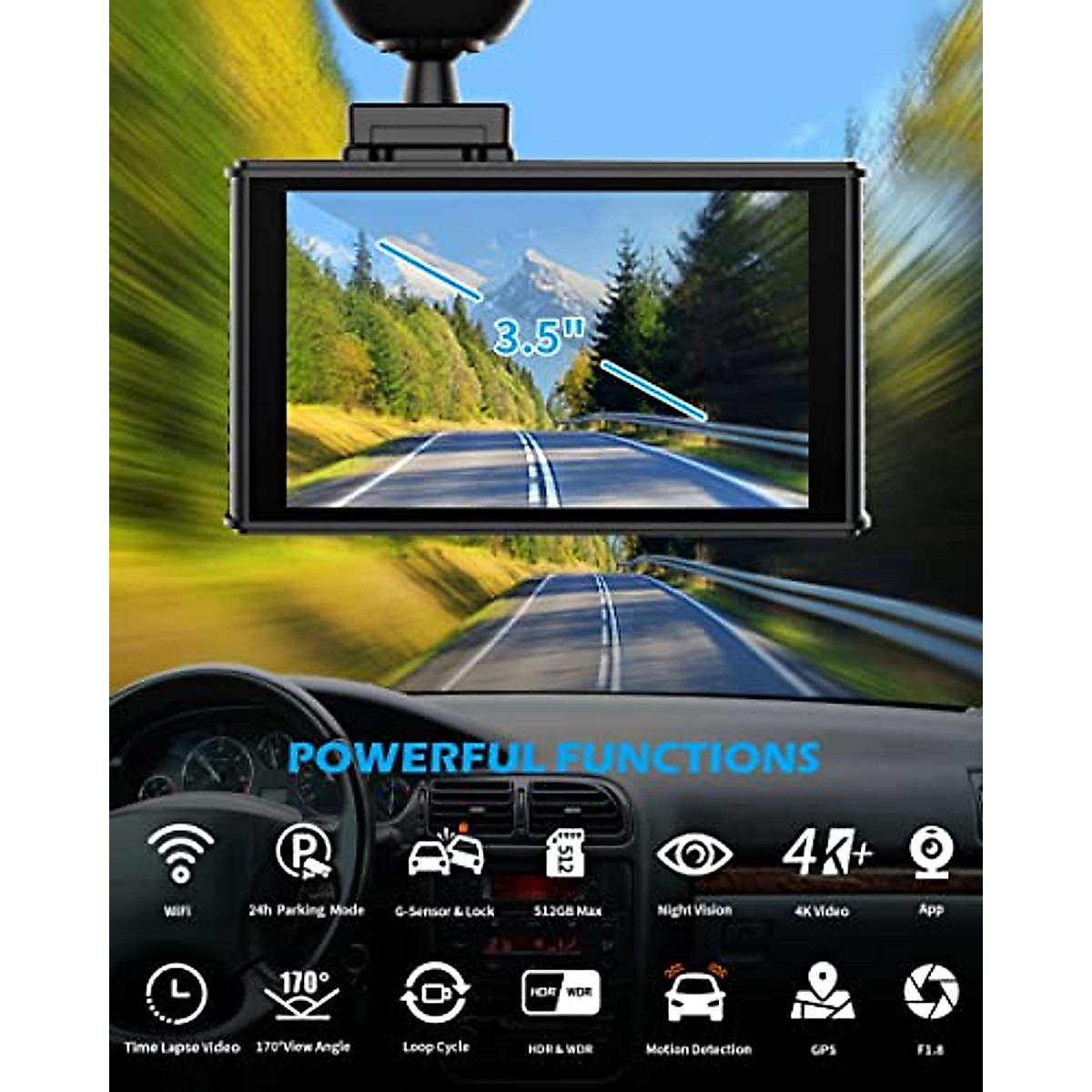 ONDASHCAM 4K Dash Cam with 3.5" LCD Display, 2160P UHD Car Camera Built in WiFi & GPS with Night Vision, G-Sensor, WDR, 170°Wide Angle & Parking Monitor (32GB Micro SD Card Included)