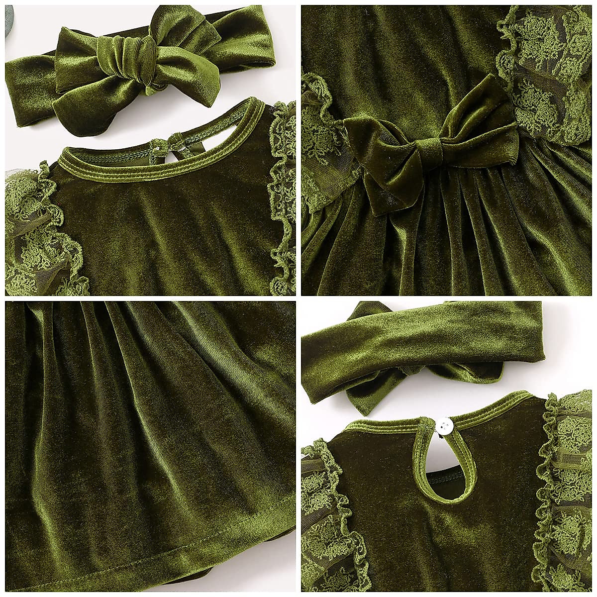 AFAVOM Toddler Baby Girls Velvet Tutu Dress with Headband Fall Winter Outfits Kids Lace Long Sleeve Princess Birthday Party Christmas Dresses Vintage Casual Holiday Playwear Clothes Green 6-9 Months