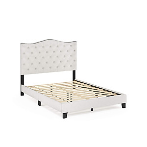 Furinno Lille Button Tufted Bed Frame, Full, Gray