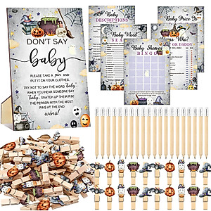 Patelai 321 Pcs Baby Shower Games Supplies, 5 Sets (50 Cards Each) Activities Cards with 20 Pencils 1 Don't Say Baby Sign 50 Clothespin(Halloween)