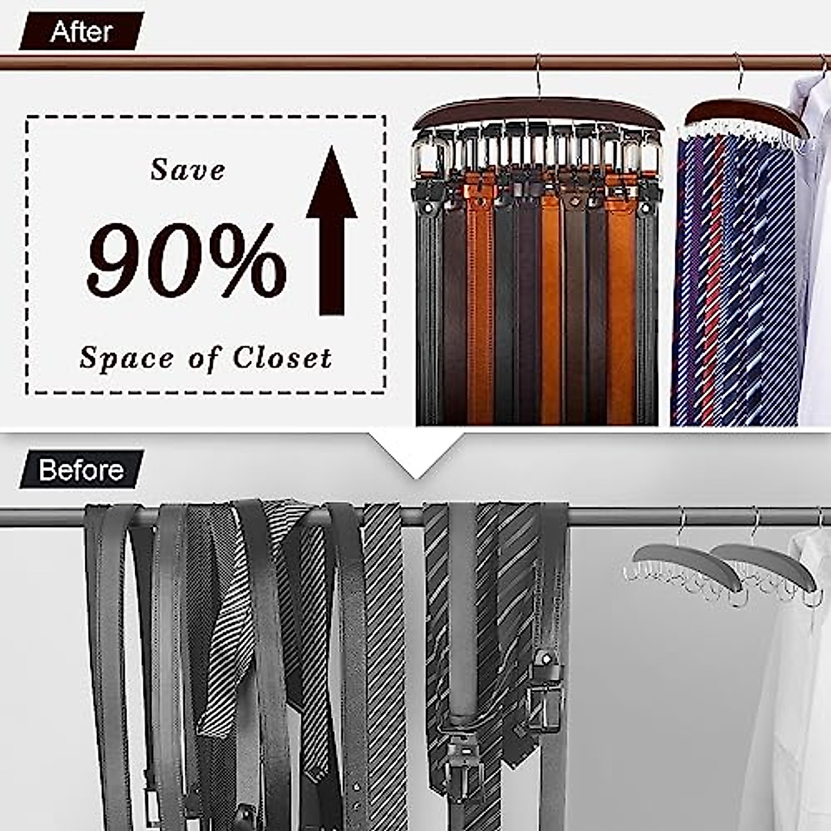 Belt Hanger Organizer, Upgraded Tie and Belt Organizer, 20 Hooks Wooden Belt Rack for Storage, 360°Rotating Space Save Belts Organizer for Tie, Tank Top, Scarf, Stored Up to 60 Belts-Red