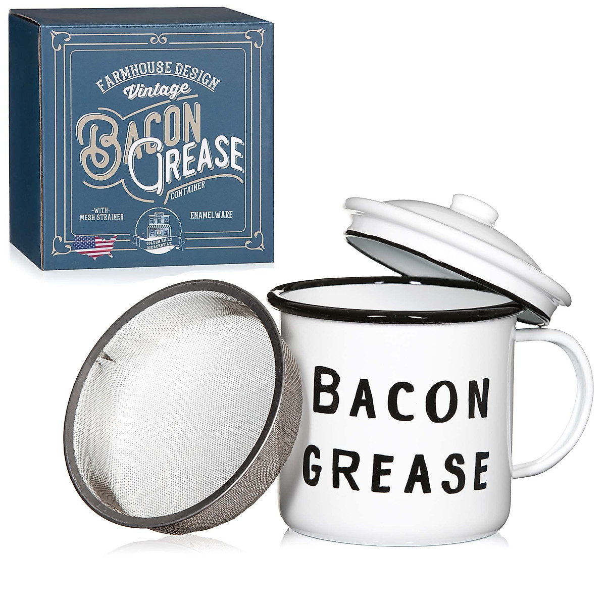Bacon Grease Container with strainer - rustic mid-century modern farmhouse design, white enamel on metal, 4 inch x 4 inch vintage enamelware with lid (Black)