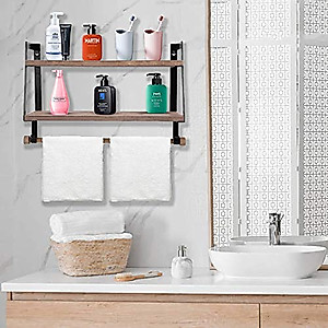 Halcent Wall Shelves Wood Storage Shelves with Towel Bar, Floating Shelves Rustic 2 Tier Bathroom Shelf Kitchen Spice Rack with Hooks for Bathroom Kitchen Utensils
