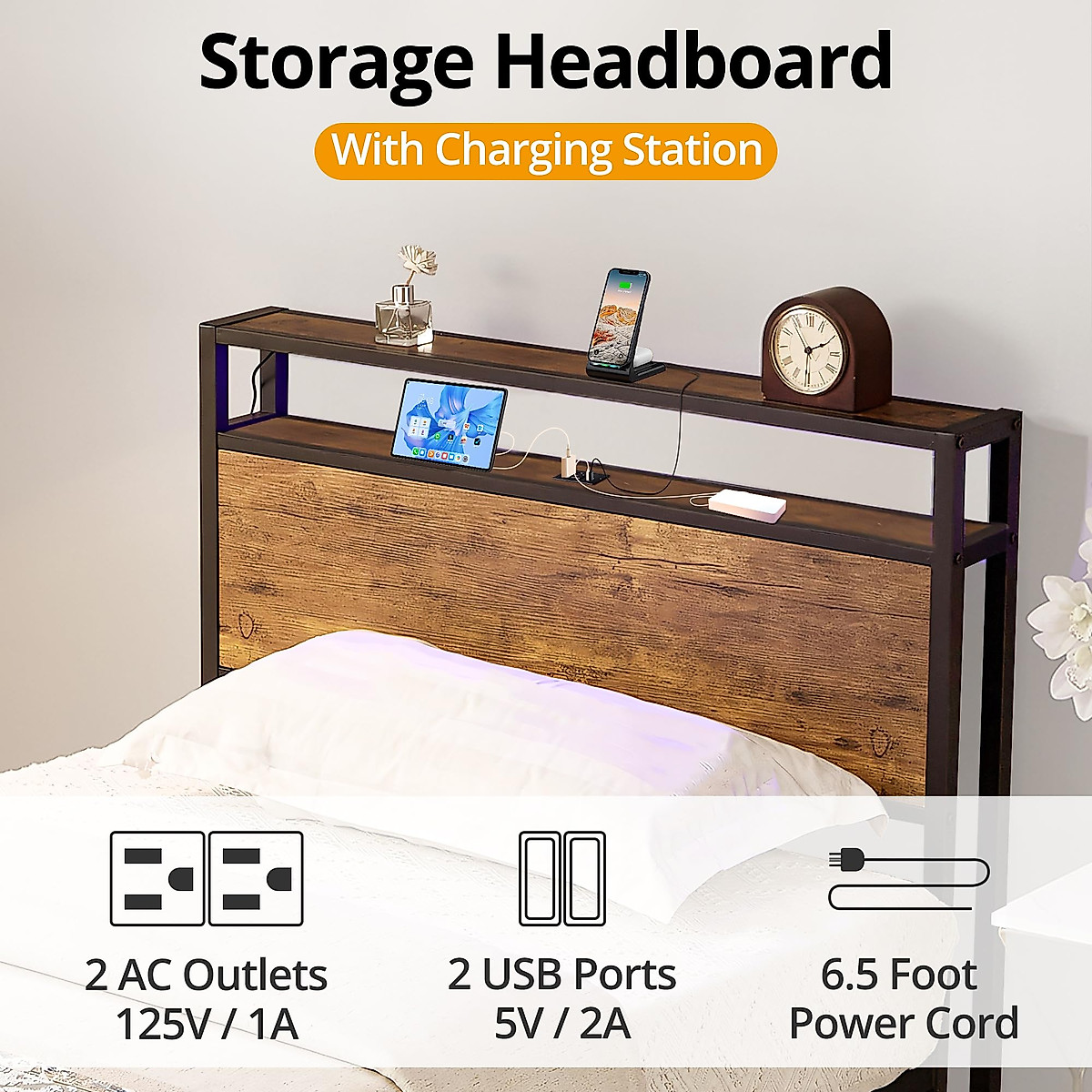 Twin Size Platform Bed, Modern Metal Bed Frame with Headboard, USB, LED Lights and Under-Bed Storage Space, Single Metal Bed Frame for Bedroom, Noise-Free, Easy to Clean