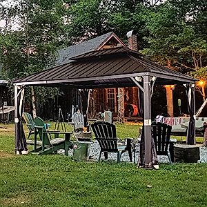 12' x 16' Gazebo, Outdoor Double Roof Canopy Hardtop Gazebo with Large Aluminum Frame, Galvanized Steel Top Gazebo with Ventilation and Mosquito Nettings, for Patio, Backyard, Deck and Lawns