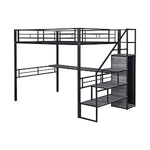 DNYN Stairway Full Size Metal Loft Bed with Desk for Kids,Adults,Heavy Duty Bedframe w/Storage & Wardrobe,Space Saving Design & No Box Spring Needed, Black