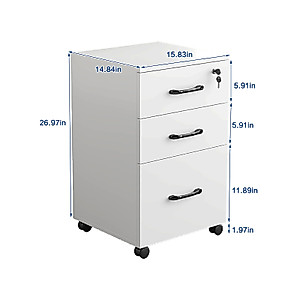 YQ JENMW 3 Drawers File Cabinet, Rolling Mobile Vertical Filing Cabinet with Lock, Wood Under Desk File Cabinet with Wheels for Supplies Files, and Materials,Mobile File Cabinet for Home Office,White