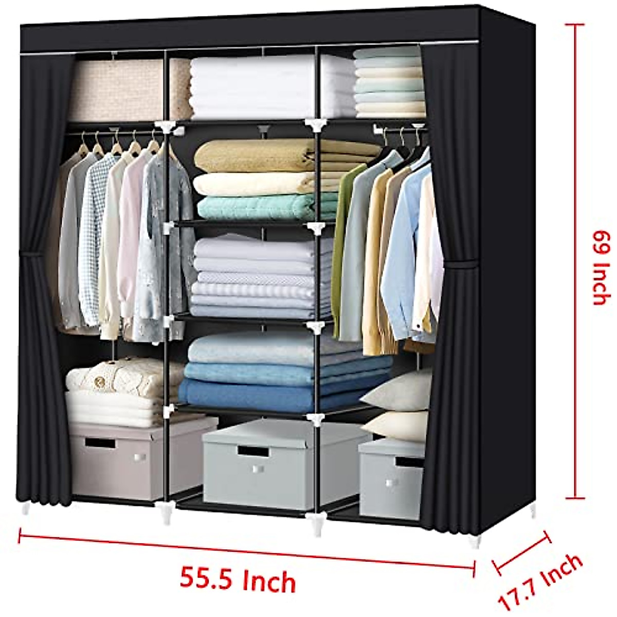 LOKEME 61 Inch Bundle with 55.5 Inch Portable Wardrobe Closet, Closet Oraganizr with 5 Hanging rods, Dust-Proof Cover, Non-Woven Fabric
