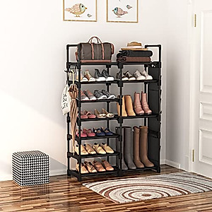 ROJASOP 7-Tier Shoe Rack for Entryway Closet, 25-28 Pairs Tall Garage Shoe Rack for Closet with Side Hooks Large Shoe Rack Storage Organizer Metal Stackable Boot Shoe Rack for Garage, Bedroom