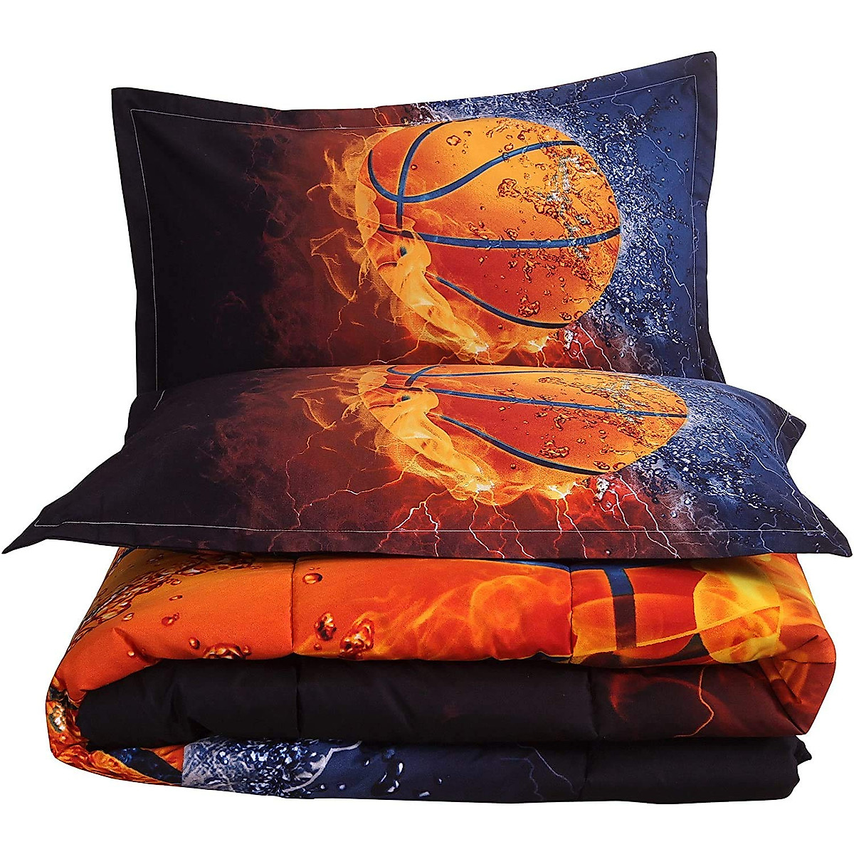 A Nice Night Basketball Print,with Fire and Ice Pattern,Comforter Quilt Set Bedding Sets, for Boys Kids Teen (Basketball, Twin)