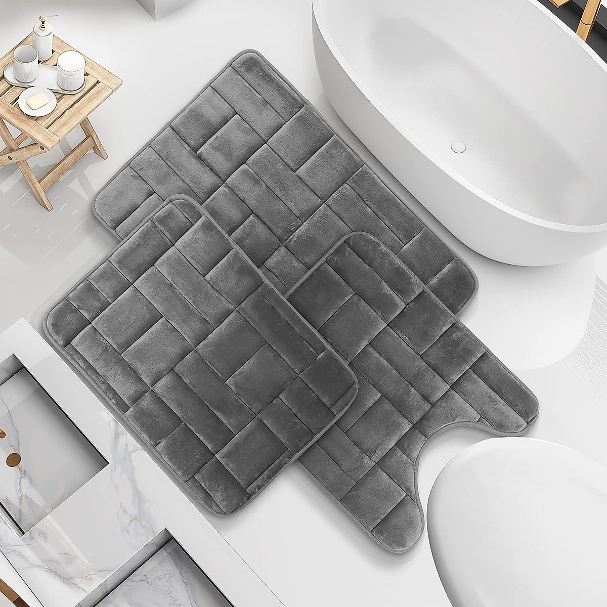 Clara Clark Bathroom Rugs, Velvet Memory Foam Bath Mat, Non-Slip Bath Rugs, Machine Wash, Dries Quickly, Ultra Soft Plush Bath Mats for Bathroom, Tiled - Gray