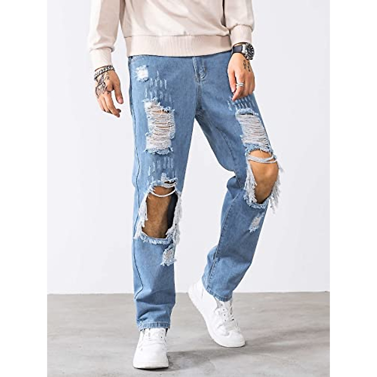 WDIRARA Men's Cut Out Ripped Frayed Zipper Fly Long Straight Leg Denim Jeans Light Wash M