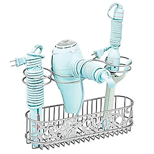 mDesign Steel Wall Mount Hair Dryer Holder, Styling Tool Storage Organizer Basket for Bathroom - Holds Hair Dryer, Flat Iron, Curling Wand, Hair Straighteners, Brushes - Arbor Collection - Chrome