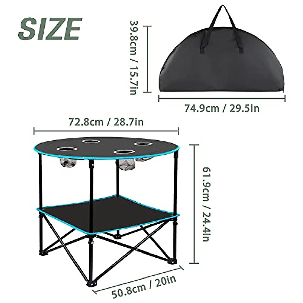 LESES Folding Camping Table Portable Picnic Table Tailgating Table with 4 Cup Holders and Storage Bag for Fishing，Beach，Outdoors，Picnic and Hiking (Black&Blue)