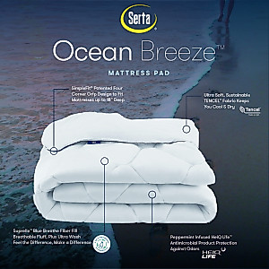 Serta Ocean Breeze Elastic Fitted Breathable Pillow Top Mattress Pad Protector with Sustainable Fiber Fill and Tencel Cover for All Season, Queen, White