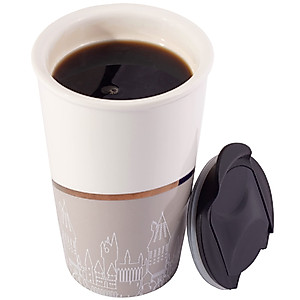 Seven20 Harry Potter Hogwarts Travel Coffee Mug, 14oz - Insulated, Ceramic Cup with Lid - Gold and Gray Hogwarts Design - Gift for Teens and Adults