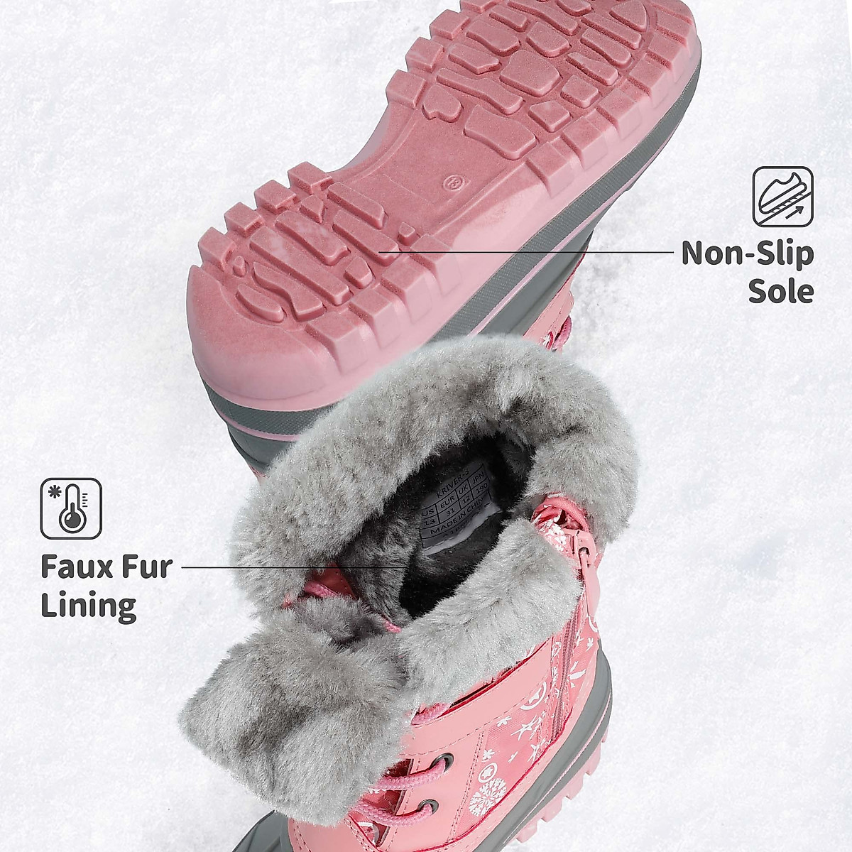 DREAM PAIRS Girls Boys Snow Boots Water-Resistant Outdoor Warm Cozy Anti-Slip Mid Calf Faux Fur Lining Winter Shoes for Little/Big Kids,Size 13 Little Kid,Pink,KRIVER-3