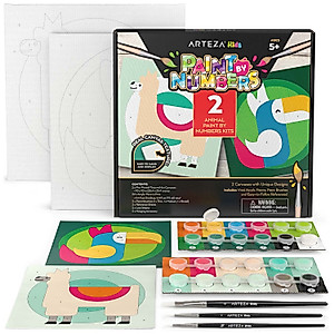 Arteza Kids Paint by Numbers Kit, 10 x 10 Inches, Pre-Printed Animal Canvas Painting Kit with 2 Canvases, 24 Acrylic Paint Pots, 3 Paintbrushes, Art Supplies for Developing Hand-Eye Coordination