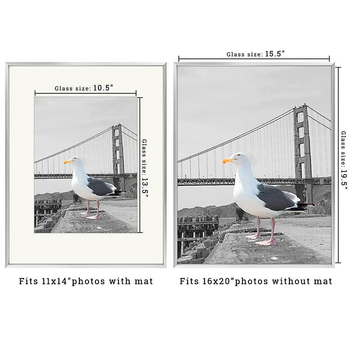 Frametory, 16x20 Metal Picture Frame with Mat for 11x14 Picture & Real Glass, Aluminum Photo Frame Collection (Silver, 2 Pack)