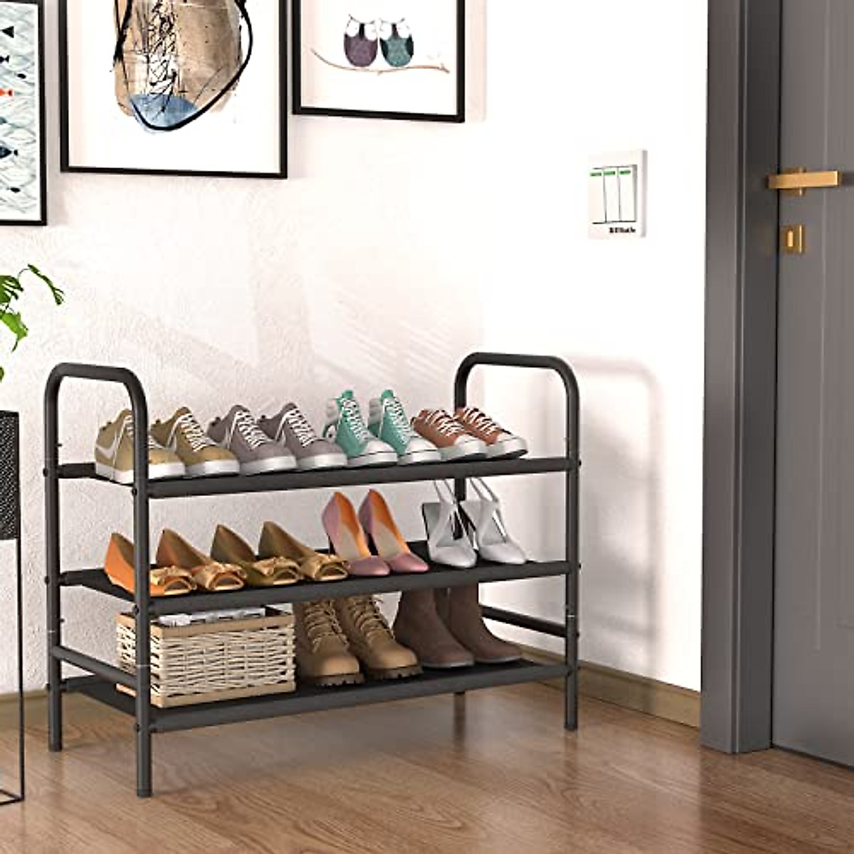 Huhote Shoe Rack 3 Tiers Freestanding Shoe Storage Shelf, Modern Shoe Organizer Multi-Purpose Use with Washable Polyester Fabric Storage Rack for Closet, Entryway, Hallway, Bedroom, Living Room