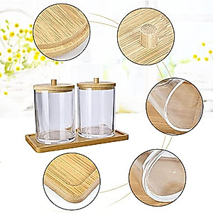 2Pack Acrylic Qtip Holder Dispenser and 1 Bamboo Tray, 10oz Bathroom Canisters Set, Apothecary Jars Qtip Holder Bathroom for Cotton Ball, Cotton Swab,Q-Tips Accessories Storage Organizer