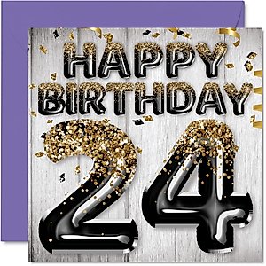 Stuff4 24th Birthday Card for Men - Black & Gold Glitter Balloons - Happy Birthday Cards for 24 Year Old Man Son Brother Uncle Cousin, 5.7 x 5.7 Inch Twenty-Four Twenty-Fourth Greeting Cards Gift