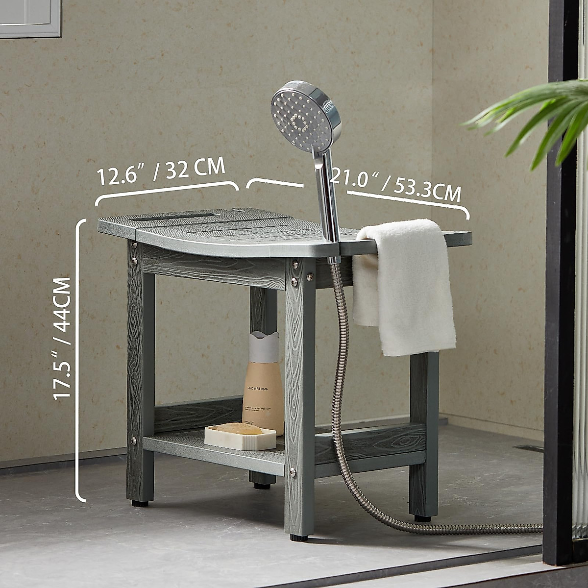 Waterproof Shower Stool for Inside Shower,Heavy Duty Bench for Shower, Plastic Bariatric Shower Bench with Handles & Shower Head Holder, Poly Lumber Shower Chair Seat with Storage Shelf (Gray)…