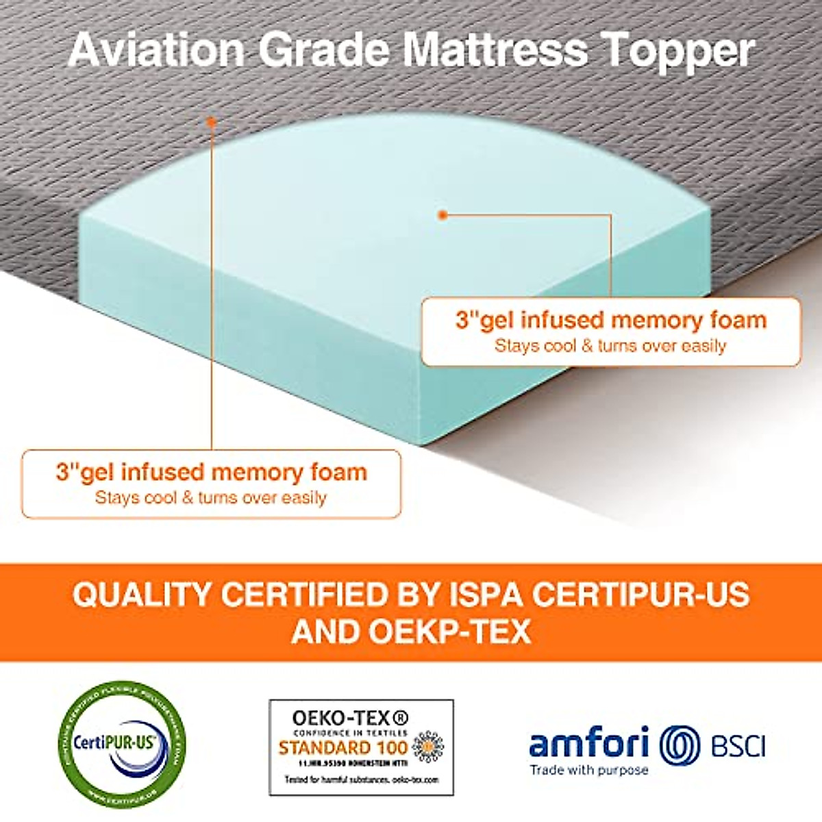 3 Inch Gel Memory Foam Mattress Topper Queen Size, Mattress Pad Cover for Pressure Relief, Bed Topper with Removable Cover, Soft & Breathable,Grey