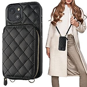 Bocasal Crossbody Wallet Case for iPhone 14, RFID Blocking PU Leather Zipper Handbag Purse Flip Cover, Kickstand Folio Case with Card Slots Holder Wrist Strap Lanyard 5G 6.1 Inch (Black)