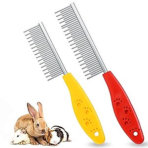 2 Pieces Pet Hair Buster Comb Small Pet Grooming Comb Stainless Steel Long and Short Teeth Comb for Small Animals Rabbits Hamsters Guinea Pigs, Red and Yellow