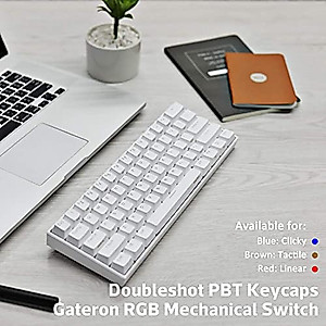 Anne PRO 2D, 60% Wired/Wireless Mechanical Keyboard (Gateron Brown Switch/White Case) - Full Keys Programmable - True RGB Backlit - Tap Arrow Keys - Double Shot PBT Keycaps - NKRO - 1900mAh Battery
