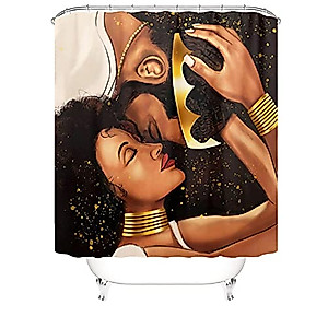 4 Pcs Forever Love African American Bathroom Shower Curtain Sets with Rugs Toilet Lid Cover and Bath Mat,Black Women Bathroom Set with Waterproof Fabric Bathroom Curtain and 12 Hooks